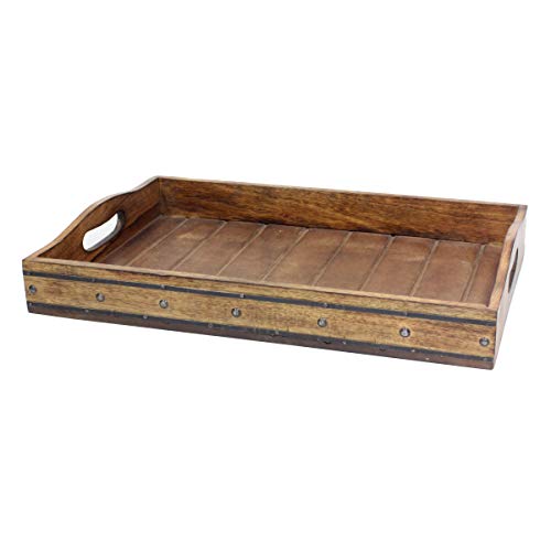 Stonebriar Rectangle Natural Wood Serving Tray with Black Metal Trim and Rivet Detail, Rustic Butler Tray, Unique Serving Tray, Centerpiece for Coffee Table, or Candle Holder 17.8" x 12"