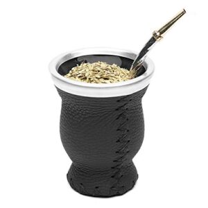 balibetov [new leather & glass yerba mate gourd set (mate cup) with yerba mate bombilla (straw) (black)