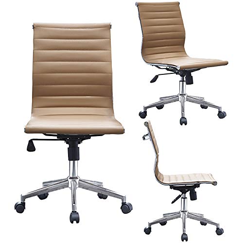 2xhome - Mid Back Height Modern Office Chair, Armless Ribbed PU Leather Seat with Swivel Tilt Adjustable Chrome Base - Executive Conference Room Task Chair (Tan)