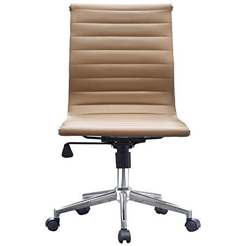 2xhome - Mid Back Height Modern Office Chair, Armless Ribbed PU Leather Seat with Swivel Tilt Adjustable Chrome Base - Executive Conference Room Task Chair (Tan)