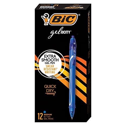 BIC Gel-ocity Quick Dry Blue Gel Pens, Medium Point (0.7mm), 12-Count Pack, Retractable Gel Pens With Comfortable Full Grip