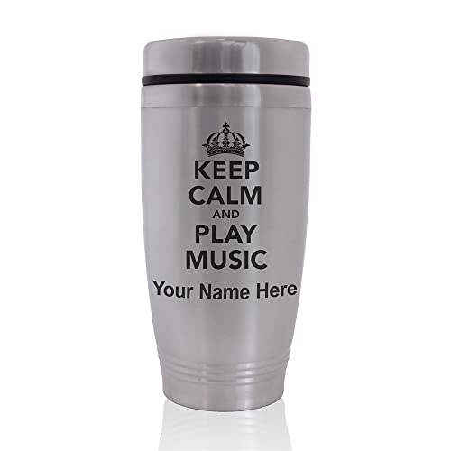 SkunkWerkz Commuter Travel Mug, Keep Calm and Play Music, Personalized Engraving Included