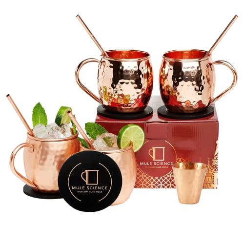 Advanced Mixology [Gift Set] Mule Science Moscow Mule Mugs Set of 4 (19 oz. large size) | 100% Handcrafted | Food Safe | Copper Mugs w/Accessories | Tarnish Resistant Copper Cups