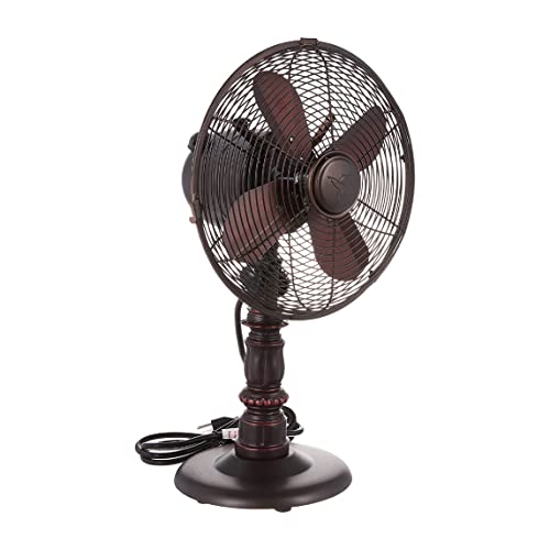 DecoBREEZE Oscillating Table Fan, 3 Speed Portable Fan, Kipling, Antique Metal Fan, 10 inches