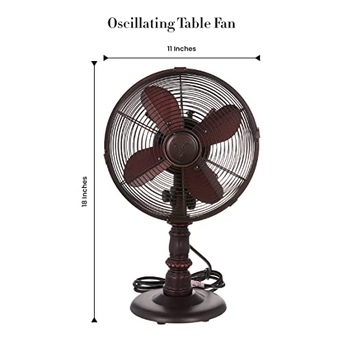 DecoBREEZE Oscillating Table Fan, 3 Speed Portable Fan, Kipling, Antique Metal Fan, 10 inches