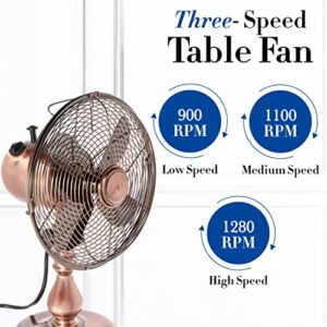 DecoBREEZE Oscillating Table Fan, 3-Speed Portable Fan, Copper, Antique Fan, 10 inches