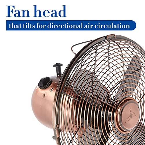 DecoBREEZE Oscillating Table Fan, 3-Speed Portable Fan, Copper, Antique Fan, 10 inches