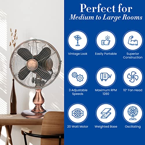 DecoBREEZE Oscillating Table Fan, 3-Speed Portable Fan, Copper, Antique Fan, 10 inches