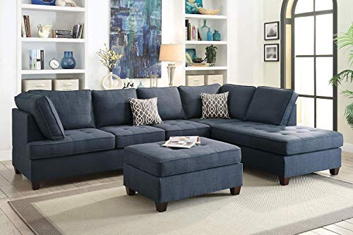 Poundex Bobkona Kemen 2-Pieces Sectional Sofa | Linen-Like Polyfabric Left or Right Chaise | F6989 model | Blue color