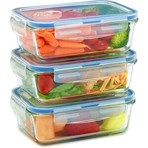 3 pack glass meal prep containers for food storage and prep w/snap locking lids airtight & leak proof - oven, dishwasher, microwave, freezer safe - odor and stain resistant (6 total pieces)