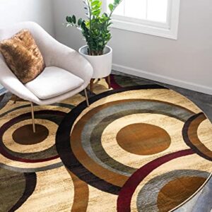 Unique Loom Barista Collection Modern, Abstract, Geometric, Circles, Bohemian, Rustic, Warm Colors Area Rug, 8 ft 0 x 8 ft 0 Round, Beige/Brown