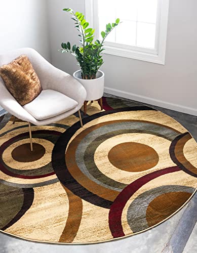 Unique Loom Barista Collection Modern, Abstract, Geometric, Circles, Bohemian, Rustic, Warm Colors Area Rug, 8 ft 0 x 8 ft 0 Round, Beige/Brown