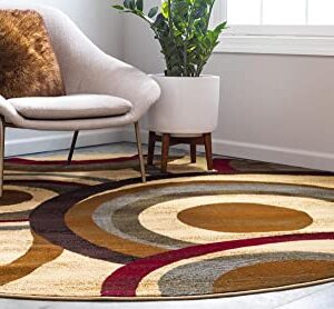 Unique Loom Barista Collection Modern, Abstract, Geometric, Circles, Bohemian, Rustic, Warm Colors Area Rug, 8 ft 0 x 8 ft 0 Round, Beige/Brown