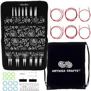 chiaogoo twist red lace 5-inch complete 7500-c interchangeable circular knitting needle set, sizes us 2, 3, 4, 5, 6, 7, 8, 9, 10, 10.5, 11, 13, 15 with 6 cords bundle with 1 artsiga crafts project bag