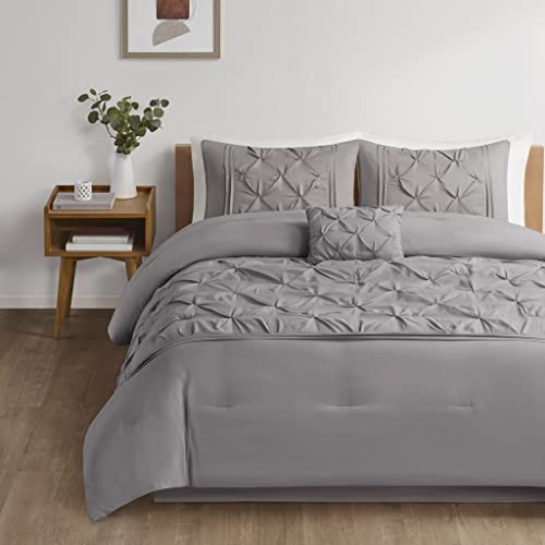 Comfort Spaces Cavoy Comforter Set - Luxe Diamond Tufting, All Season Bedding, Matching Bed Skirt, Decorative Pillows, Queen, Faux Silk Gray 5 Piece