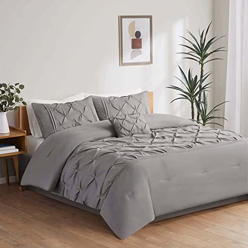 Comfort Spaces Cavoy Comforter Set - Luxe Diamond Tufting, All Season Bedding, Matching Bed Skirt, Decorative Pillows, Queen, Faux Silk Gray 5 Piece