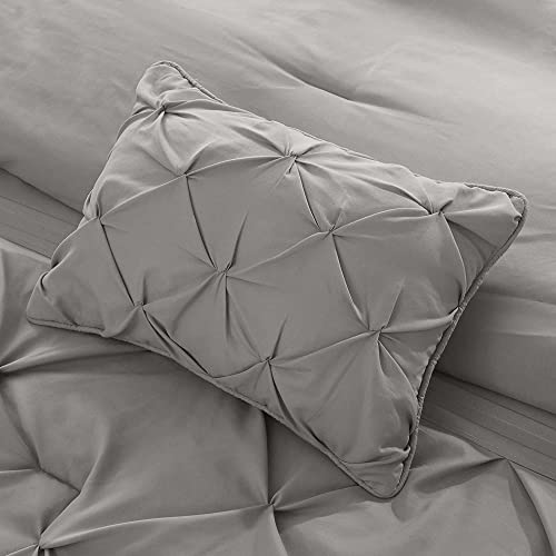 Comfort Spaces Cavoy Comforter Set - Luxe Diamond Tufting, All Season Bedding, Matching Bed Skirt, Decorative Pillows, Queen, Faux Silk Gray 5 Piece