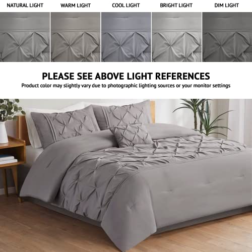 Comfort Spaces Cavoy Comforter Set - Luxe Diamond Tufting, All Season Bedding, Matching Bed Skirt, Decorative Pillows, Queen, Faux Silk Gray 5 Piece