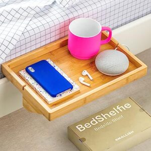 bedshelfie bedside shelf for bunk bed & top bunk, college dorm room essentials, loft bed accessories, clip on nightstand snack organizer, bed side table tray shelfie storage - original natural wood