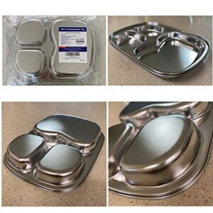 Korean Stainless Steel Divided Plates, Kids Toddlers Babies Tray, BPA Free, Diet Food Control, Camping Dishes, Compact Serving Platter, Dinner Snack, 3 Compartment Plate Silver, Set of 2