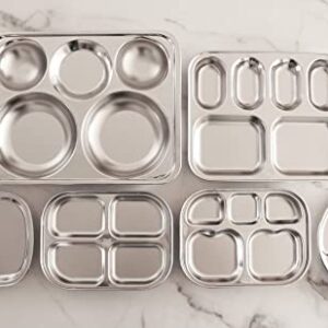 Korean Stainless Steel Divided Plates, Kids Toddlers Babies Tray, BPA Free, Diet Food Control, Camping Dishes, Compact Serving Platter, Dinner Snack, 3 Compartment Plate Silver, Set of 2