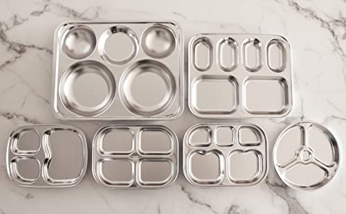 Korean Stainless Steel Divided Plates, Kids Toddlers Babies Tray, BPA Free, Diet Food Control, Camping Dishes, Compact Serving Platter, Dinner Snack, 3 Compartment Plate Silver, Set of 2