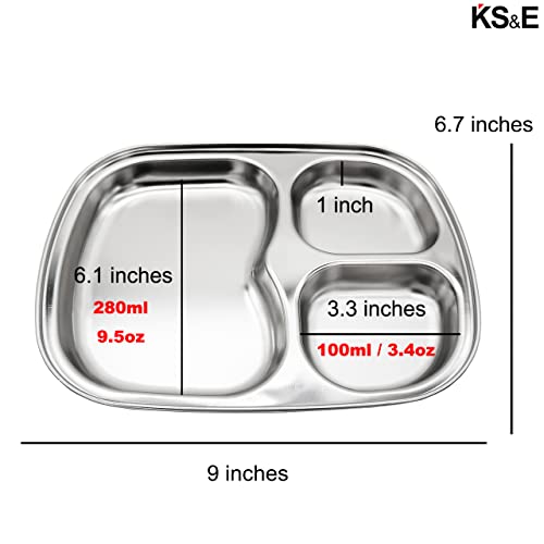 Korean Stainless Steel Divided Plates, Kids Toddlers Babies Tray, BPA Free, Diet Food Control, Camping Dishes, Compact Serving Platter, Dinner Snack, 3 Compartment Plate Silver, Set of 2