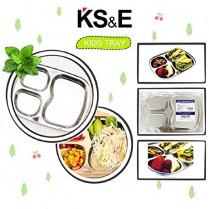 Korean Stainless Steel Divided Plates, Kids Toddlers Babies Tray, BPA Free, Diet Food Control, Camping Dishes, Compact Serving Platter, Dinner Snack, 3 Compartment Plate Silver, Set of 2