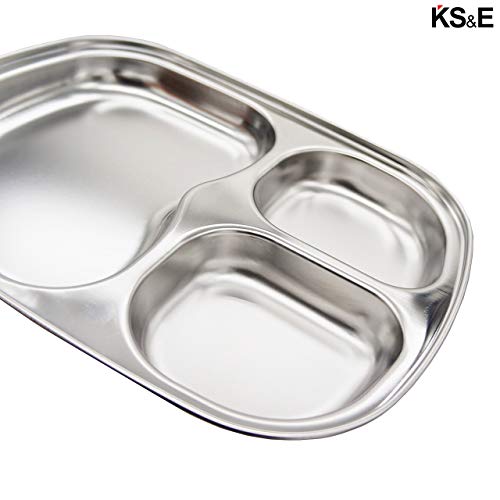 Korean Stainless Steel Divided Plates, Kids Toddlers Babies Tray, BPA Free, Diet Food Control, Camping Dishes, Compact Serving Platter, Dinner Snack, 3 Compartment Plate Silver, Set of 2