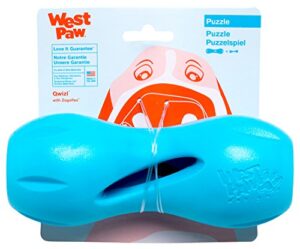 west paw zogoflex qwizl dog puzzle treat toy – interactive chew toy for dogs – dispenses pet treats – brightly-colored dog enrichment toy for aggressive chewers, fetch, catch, large 6.5", aqua blue