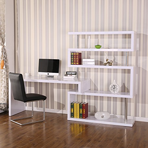 HomCom Foldable Rotating Corner Desk and Shelf Combo White