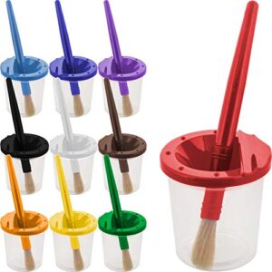 u.s. art supply 10 piece children's no spill paint cups with colored lids and 10 piece large round brush set with plastic handles