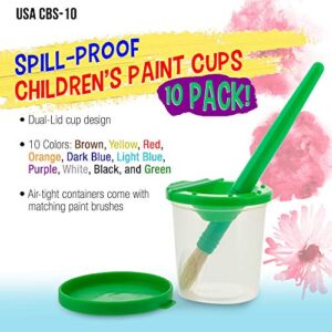 U.S. Art Supply 10 Piece Children's No Spill Paint Cups with Colored Lids and 10 Piece Large Round Brush Set with Plastic Handles