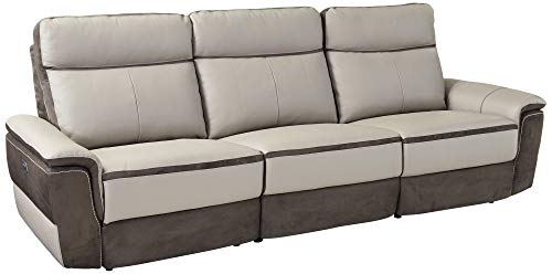 Homelegance Laertes Two-Tone Power Reclining Sofa Top Grain Leather Fabric Match, Light Grey