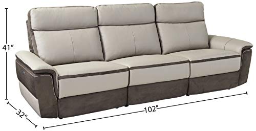 Homelegance Laertes Two-Tone Power Reclining Sofa Top Grain Leather Fabric Match, Light Grey