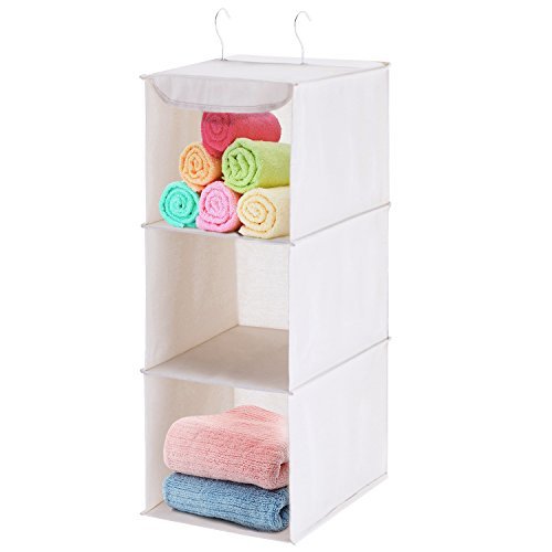 MaidMAX 3 Tiers Cloth Hanging Shelf for Closet Organizer with 2 Metal Hooks, Foldable, Beige, 24 Inches High