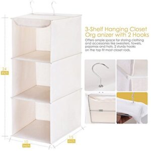 MaidMAX 3 Tiers Cloth Hanging Shelf for Closet Organizer with 2 Metal Hooks, Foldable, Beige, 24 Inches High