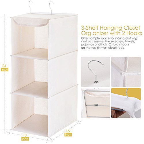 MaidMAX 3 Tiers Cloth Hanging Shelf for Closet Organizer with 2 Metal Hooks, Foldable, Beige, 24 Inches High