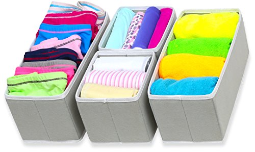 Simple Houseware Foldable Cloth Storage Box Closet Dresser Drawer Divider Organizer Basket Bins for Underwear Bras, Gray (Set of 4)