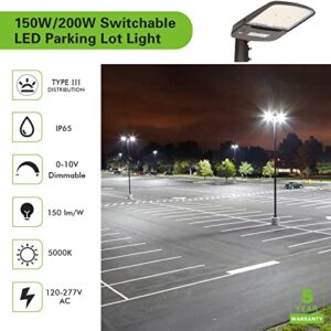 hykolity 150W/200W Switchable LED Parking Lot Light, 150LM/W LED Street Lighting with Photocell Sensor [400W-600W HPS Equiv.] 5000K 100-277V, Commercial Adjustable Slip Fitter Mount LED Shoebox Light