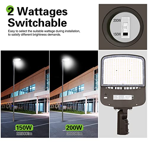 hykolity 150W/200W Switchable LED Parking Lot Light, 150LM/W LED Street Lighting with Photocell Sensor [400W-600W HPS Equiv.] 5000K 100-277V, Commercial Adjustable Slip Fitter Mount LED Shoebox Light