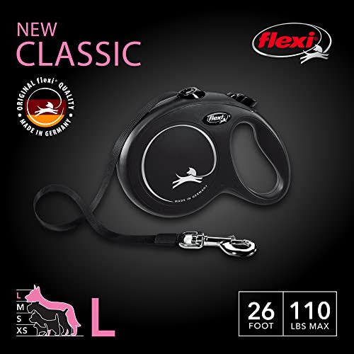 FLEXI New Classic Retractable Dog Leash (Tape) 26 feet, Large, Black