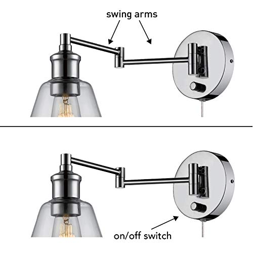 Globe Electric 65704 1-Light Plug-in or Hardwire Industrial Wall Sconce, Chrome Finish, On/Off Rotary Switch, 6ft Clear Cord, Clear Glass Shade, Wall Lights for Bedroom Plug in, Kitchen Sconces