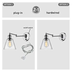 Globe Electric 65704 1-Light Plug-in or Hardwire Industrial Wall Sconce, Chrome Finish, On/Off Rotary Switch, 6ft Clear Cord, Clear Glass Shade, Wall Lights for Bedroom Plug in, Kitchen Sconces