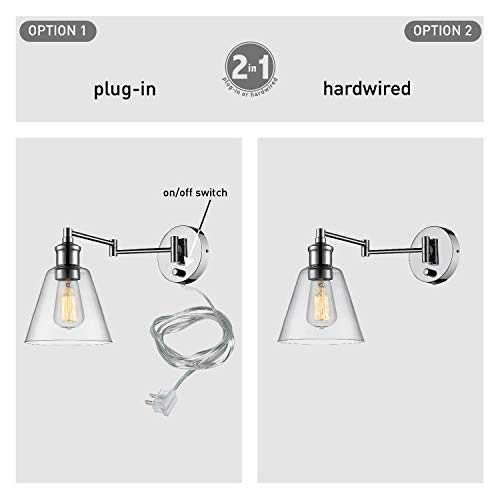 Globe Electric 65704 1-Light Plug-in or Hardwire Industrial Wall Sconce, Chrome Finish, On/Off Rotary Switch, 6ft Clear Cord, Clear Glass Shade, Wall Lights for Bedroom Plug in, Kitchen Sconces