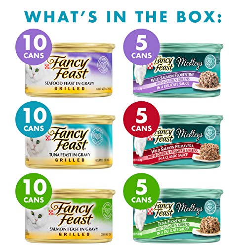 Purina Fancy Feast Wet Cat Food Variety Pack, Grilled Feast & Medleys Seafood Collection - (45) 3 oz. Cans