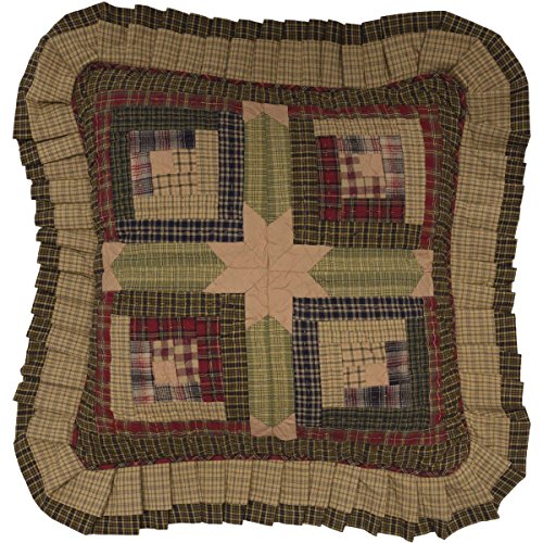 VHC Brands Tea Cabin Quilted Pillow 16x16 Country Rustic Bedding Accessory, Moss Green and Deep Red