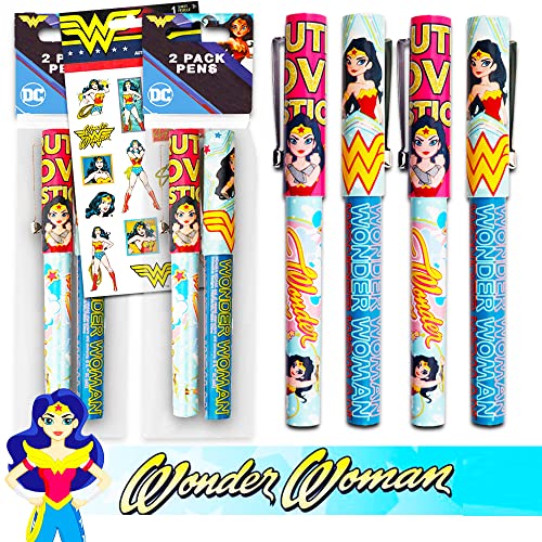 Wonder Woman Ballpoint Pens Bundle Set ~ 4 Deluxe Wonder Woman Pens and Stickers (Wonder Woman Office Supplies, School Supplies)