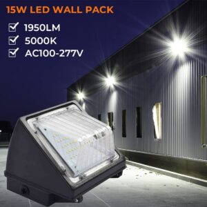 Yaolite LED Wall Pack Light 15w, Outdoor Commercial and Industrial Lighting, 1950 Lumens, 100-120W HPS/HID Replacement, 5000K (Crystal White Glow), IP65 Waterproof, ETL & DLC Qualified