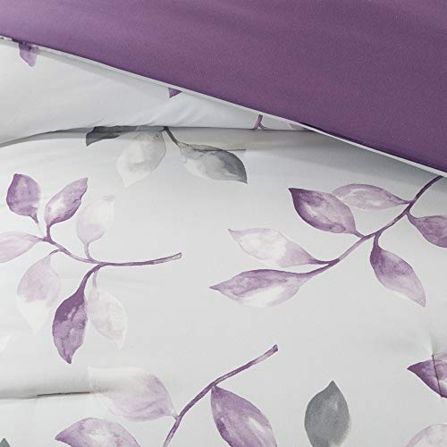 Madison Park Essentials Cozy Bed In A Bag Comforter with Complete Cotton Sheet Set - Trendy Floral Design All Season Cover, Decorative Pillow, Twin(68"x86"), Leaf Purple 9 Piece